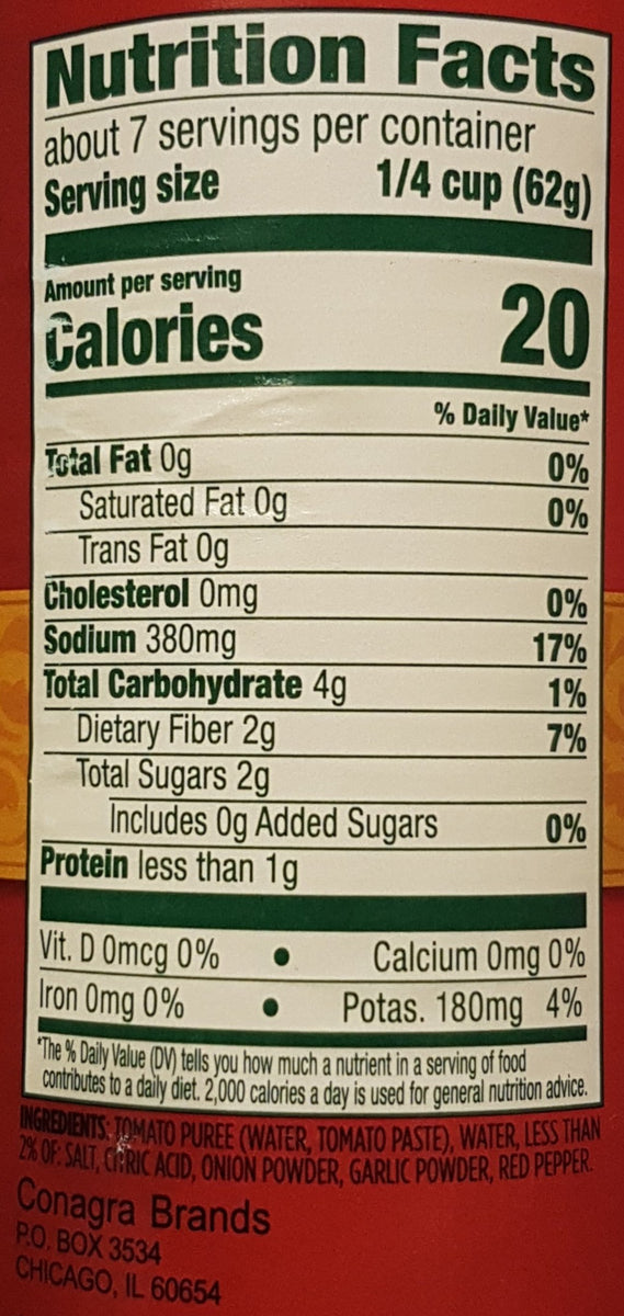 Hunts Tomato Sauce Nutrition Label